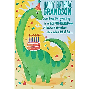 Happy Birthday Grandson Greeting Card with Brachiosaurus Dinosaur - Sure Hope That Your Day Is Action-Packed