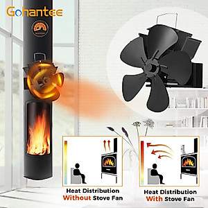gohantee 5 Blades Stove Fan Heat Powered Fireplace Fan Hanging on Chimney Pipe for Wood Log Burner Fireplace Slient Efficiently Heat Distribution Eco-Friendly with Thermometer