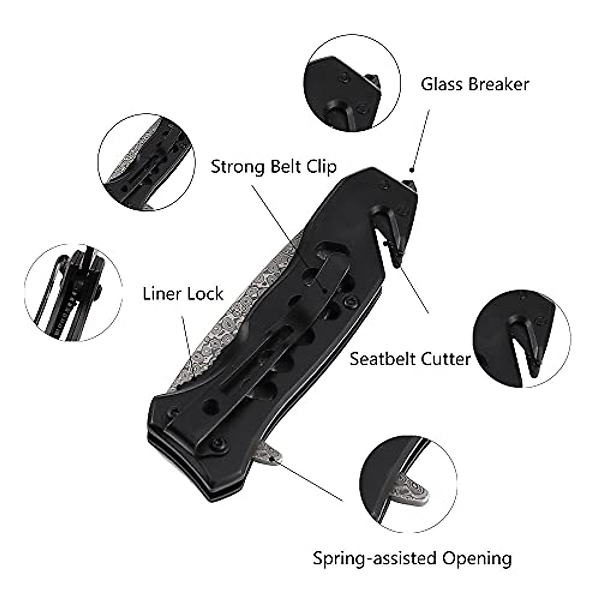 ALBATROSS EDC Cool Tactical Folding Pocket Knife with Modern Damascus Steel Blade, SpeedSafe Spring Assisted Opening Knifes with Liner Lock,Pocketclip,Glass Breaker,Seatbelt Cutter, Gifts Box(Black)