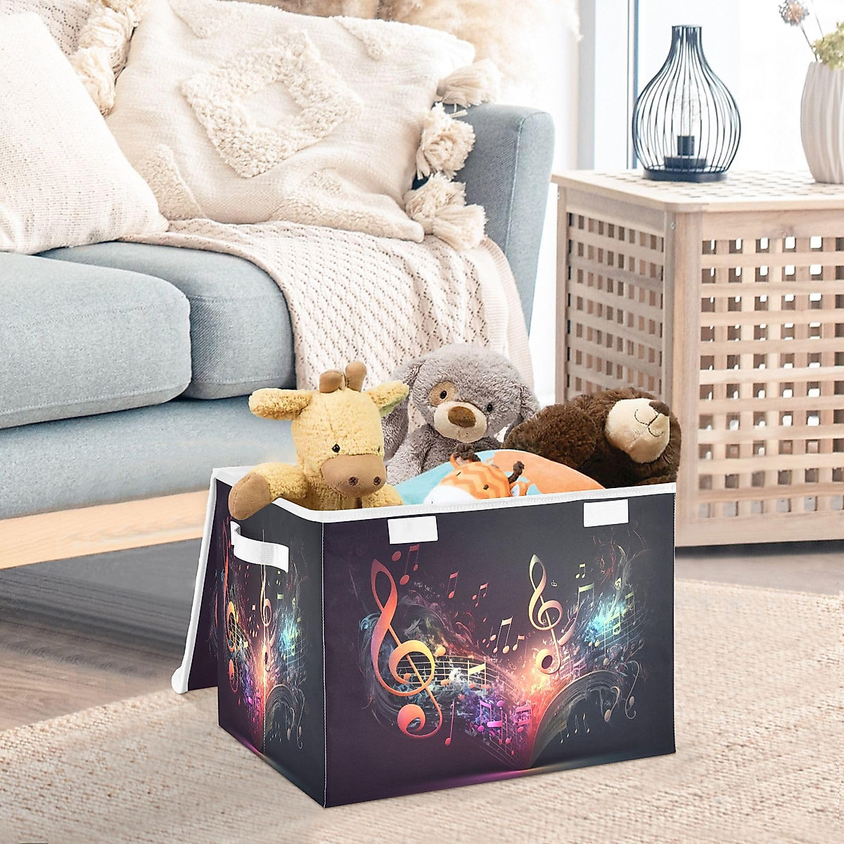 TecEr Music-notes Print Large Fabric Foldable Storage Bins with Lids and Handle, Decorative Storage Box Cube for Shelves Closet Home Bedroom Office