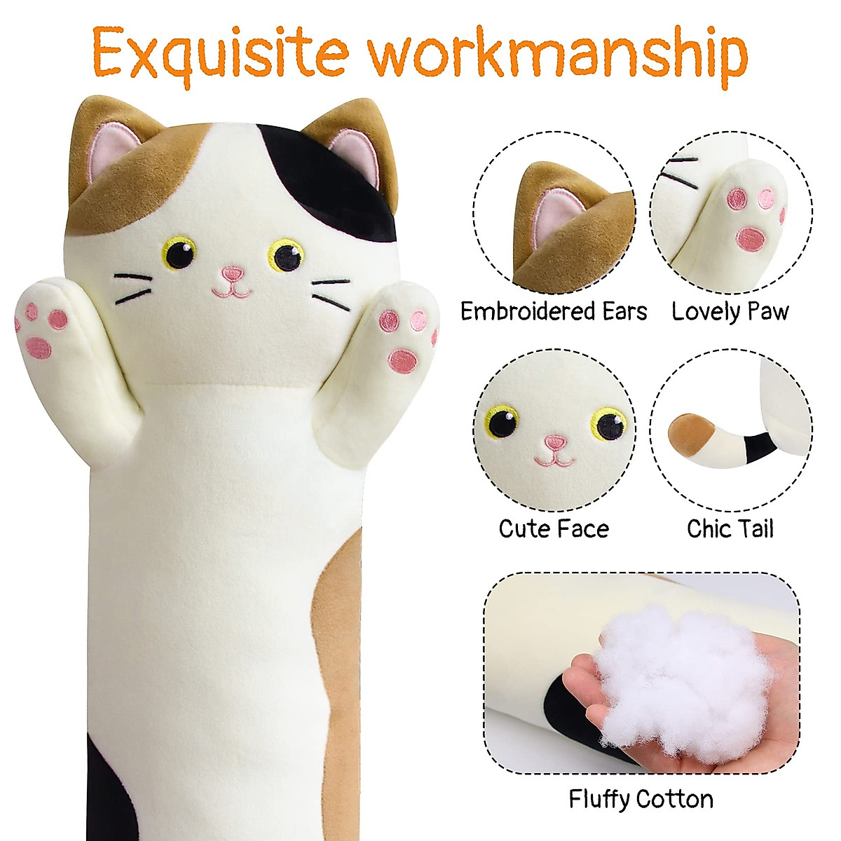 JEROKUMI Long Cat Plush Pillow, 31inch Cartoon Cat Boby Pillow Long Kitten Stuffed Animal, Soft Hugging Plush for Girls for Kids, Birthday