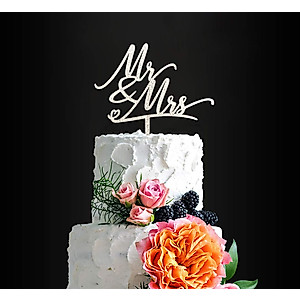 Mr & Mrs Cake Topper, Silver Glitter Wedding - Anniversary - Bridal Shower Cake Decor, Rustic Chic Bride and Groom Cake Topper