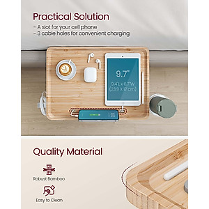 VASAGLE Bedside Shelf for Top Bunk, College Dorm Room Essentials Clip On Nightstand Bedside Storage with Phone Slot, Cup Holder, Hook, Clamps, Dormitory, Loft Accessories, Natural Beige ULET301N03