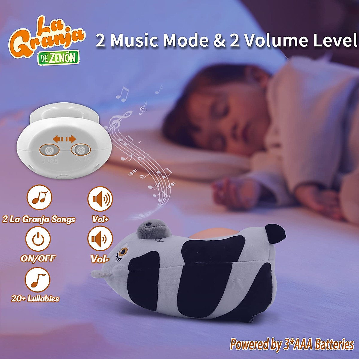 TOYMAKER La Granja de Zenon Stuffed Animals Cow Plush La Vaca Lola Spanish Toys Baby for Babies Cow Toys 6 to 12 Months Crib Soother with Music and Lights for Birthday Christmas