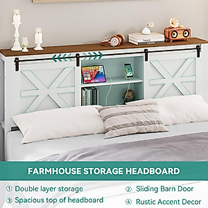 YITAHOME Farmhouse Queen Size Bed Frame with Headboard, Bookcase Storage Shelves, Sliding Barn Door, Charging Station, Rustic Wood Platform Bed, No Box Spring Needed, White