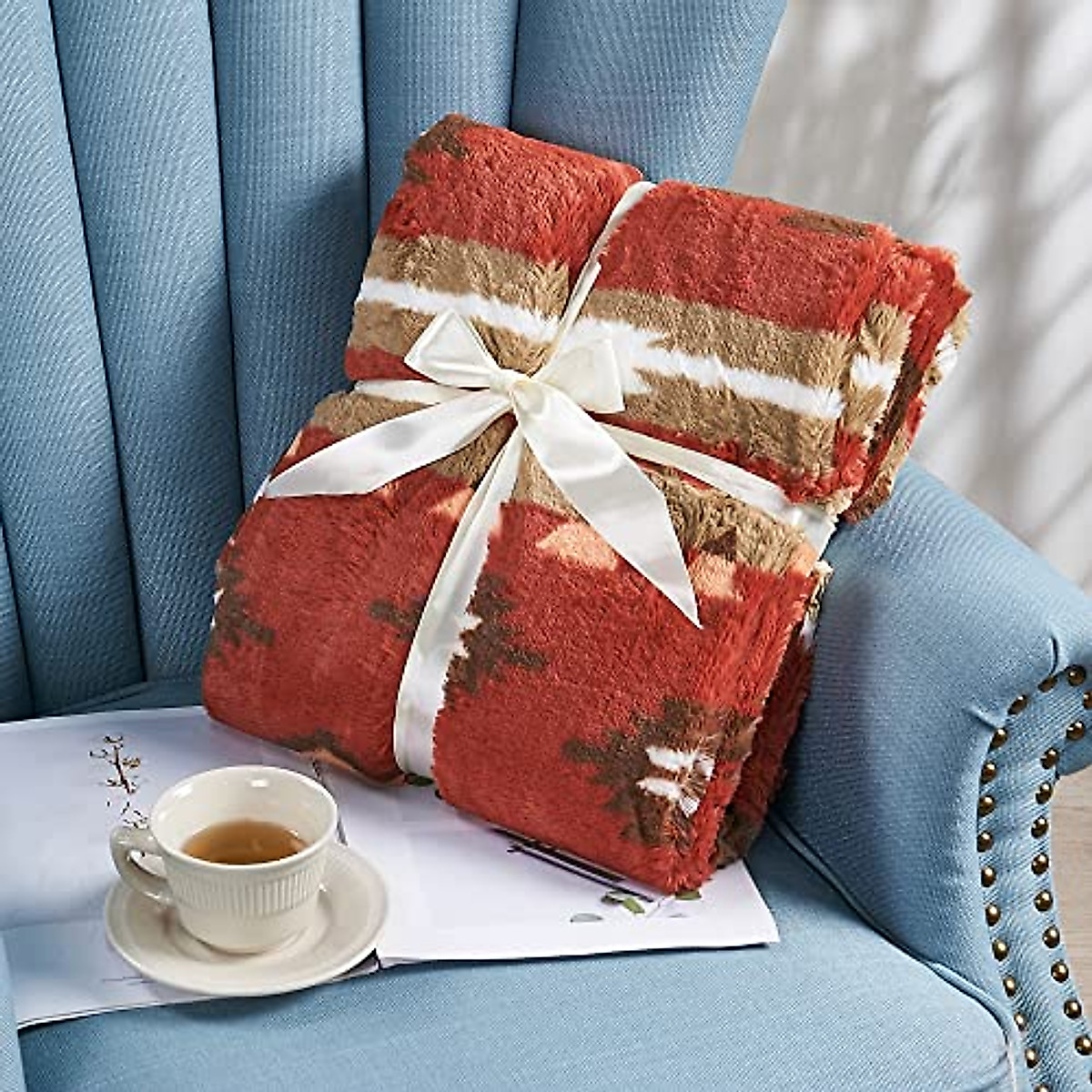 Home Soft Things Southwest Faux Fur Throw Blanket, Brick Red, 60'' x 80'', Soft Warm Lightweight Cozy Throw Blanket with Sherpa Backing Couch Bed Sofa Cover Throw Home Décor