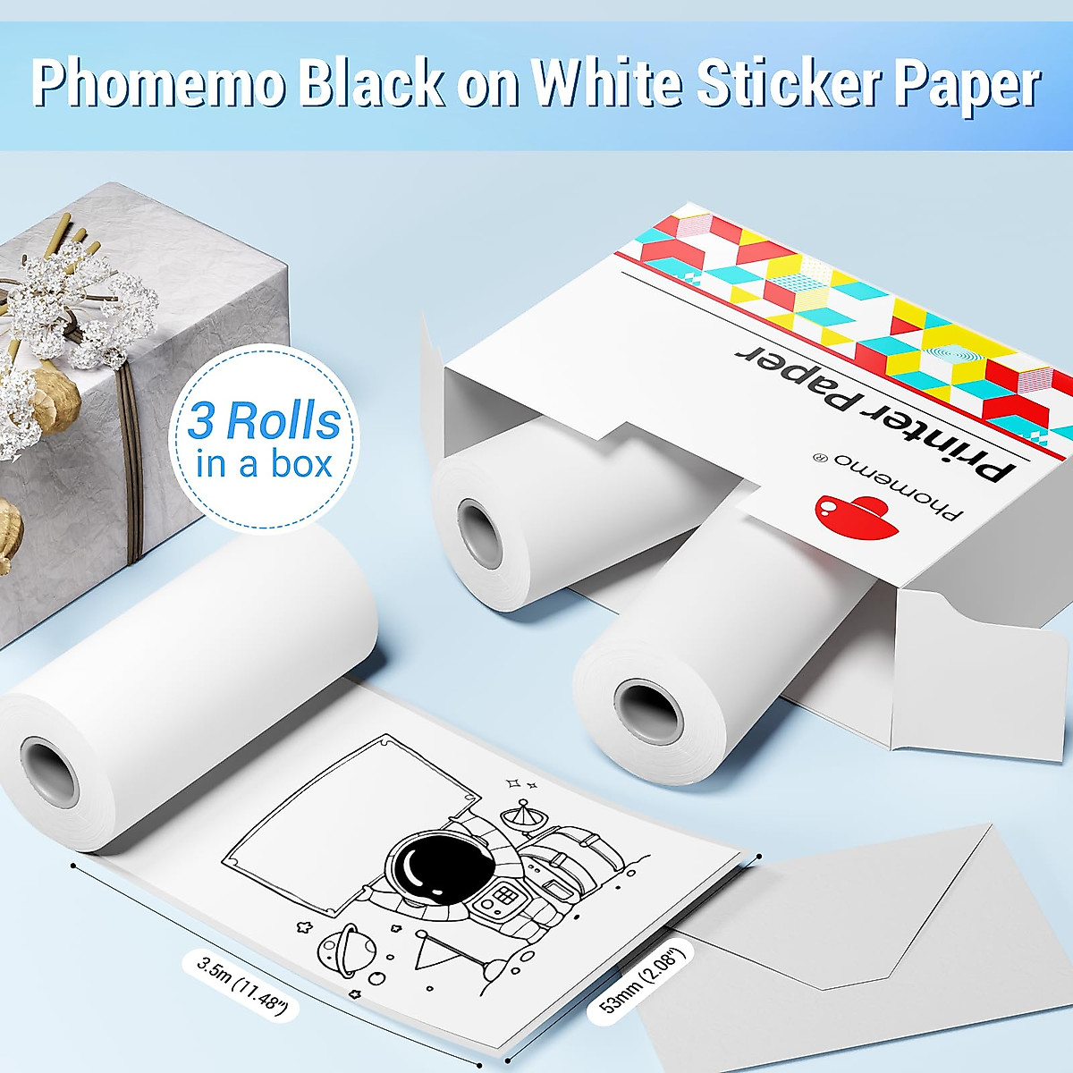 Phomemo White Self-Adhesive Thermal Paper, Glossy Printable Sticker Paper for Phomemo M02/M02 Pro/M02S/M03 Bluetooth Pocket Mobile Printer, Black on White, 50mm x 3.5m, Diameter 30mm, 3-Rolls