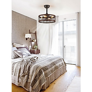 LEDIARY 16.5in Caged Ceiling Fan with Light, Bladeless Industrial Ceiling Fan with Remote, Rustic Metal Fan Lights Ceiling Fixtures for Kitchen, Farmhouse, Bedroom（6 Speed,1/2/4/8h Timing）-Walnut