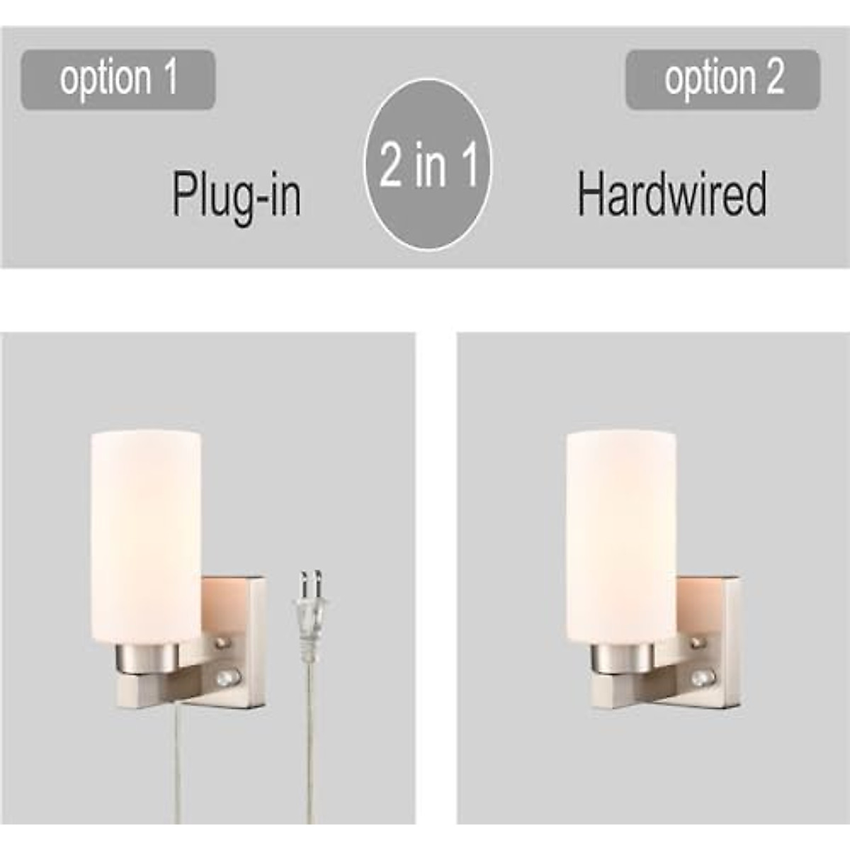 DEYNITE Modern Plug in Wall Sconce with Cord Brushed Nickel Bathroom Vanity Light with Milky White Cylinder Glass Shade Set of 2