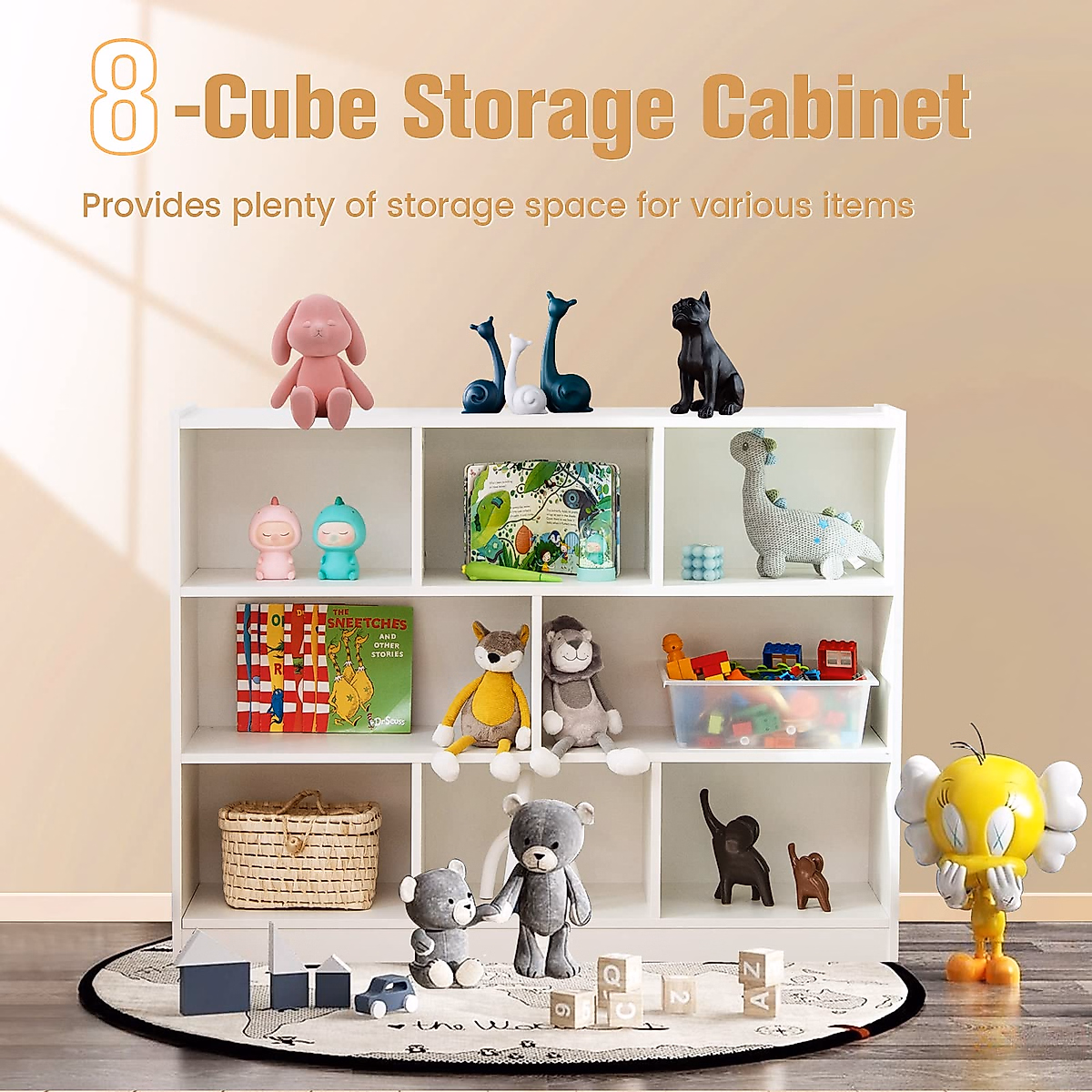 HOMGX Kids Montessori Shelf, 8-Cube Wooden Toy Storage Organizer, 3 Tier Open Kids Bookshelf for Classroom, Bedroom & Playroom, White