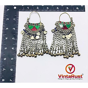 Red and Green Oversized Bells Chaandbaliyaan, Massive Kuchi Boho Earrings With Long Bells, Traditional Afghani Earrings, Vintage Jewelry