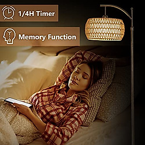 Arc Floor Lamp with Remote Control, Dimmable LED Floor Lamp with 3 Color Temperature, Black Standing Lamp with Rattan & Fabric Double Drum Shade, Boho Farmhouse Tall Pole Lamp for Living Room Bedroom