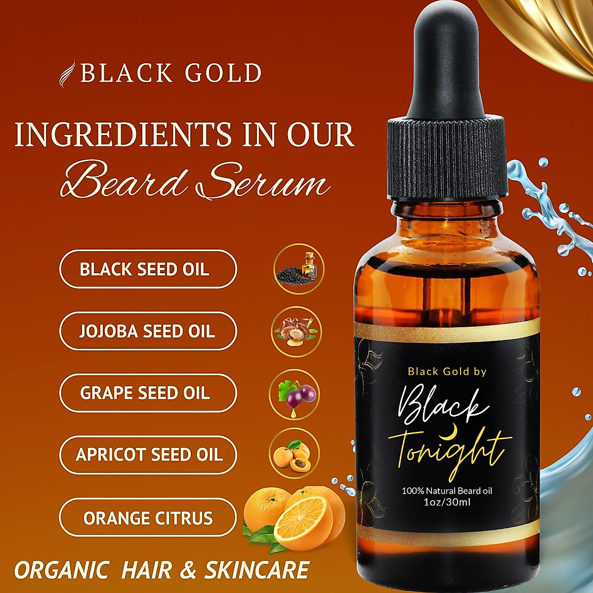 Black Tonight Premium Beard Oil – Organic Beard Growth Serum with Orange Citrus Scent – Luxury Beard & Hair Growth Serum that Softens, Conditions, Strengthens & Protects - 1oz