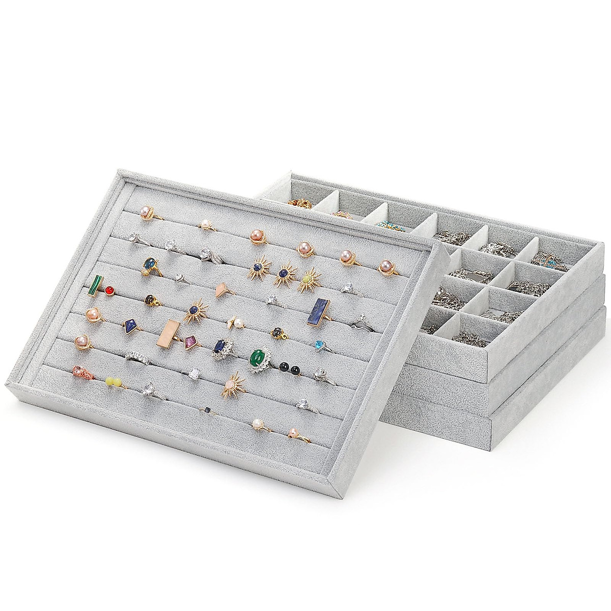 Elsjoy Set of 4 Velvet Jewelry Tray, Large Jewelry Organizer Tray Gray Jewelry Storage Display Tray, Stackable Drawer Insert Jewelry Trays for Earring, Necklace, Bracelet, Ring