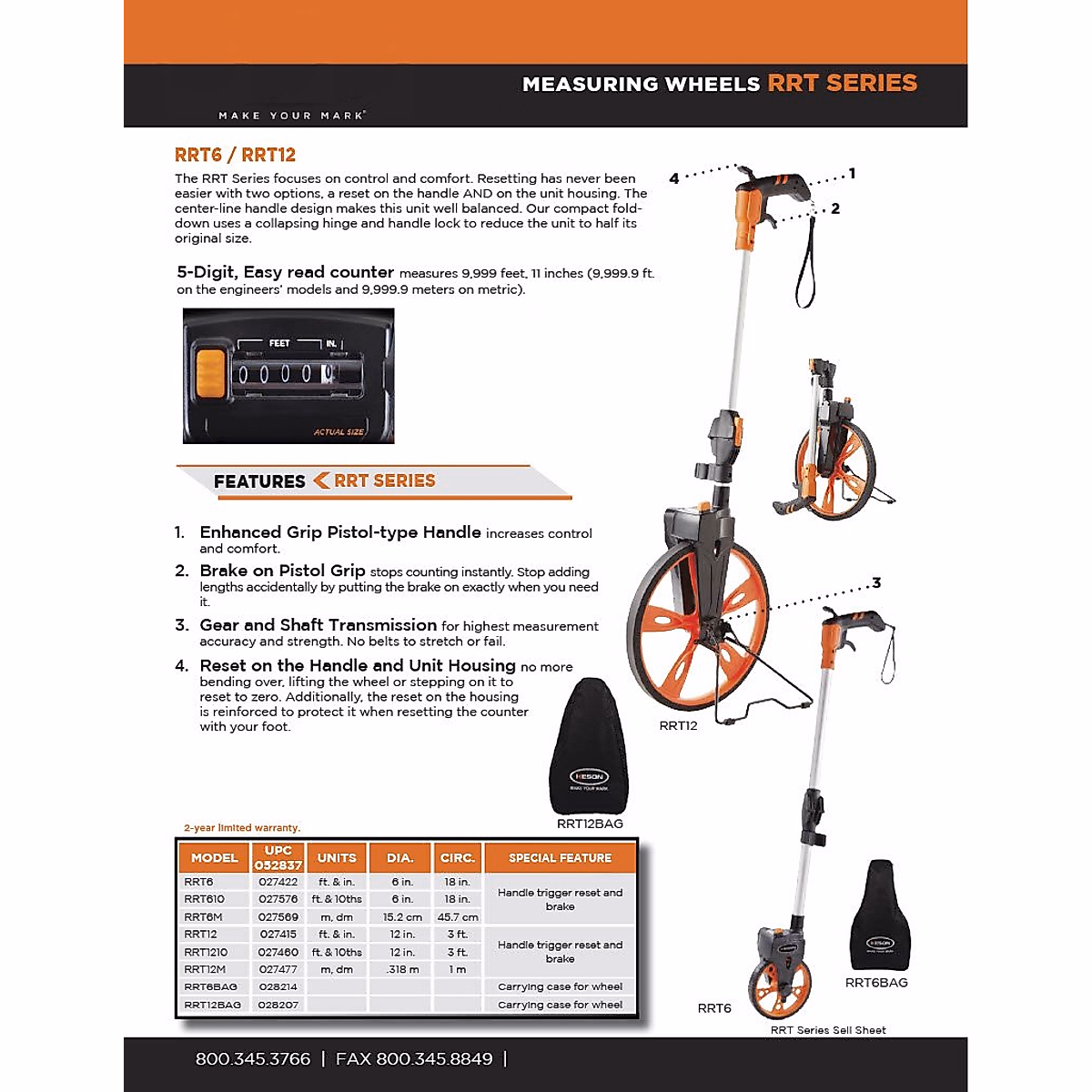 Keson RRT12 Top Reading Center Line Measuring Wheel with Handle Brake and Reset (Graduations: ft. & in.), 3-Foot