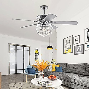 Tropwellhouse LuxureFan 52" Crystal LED Chrome Ceiling Fan Light Fixture Gorgeous Crystal 5 Reverse Wood Blades Modern Chandelier with Remote Control Decoration Home/Living Room