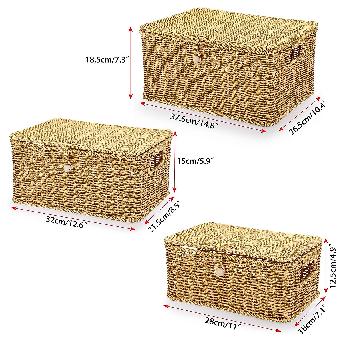 Hipiw Resin Woven Baskets Bin with Lid & Handle - Set of 3 Rectangular Shelf Baskets Multipurpose Storage Basket Boxes Home Decorative Container for Closet Shelf Organizing, Large Size