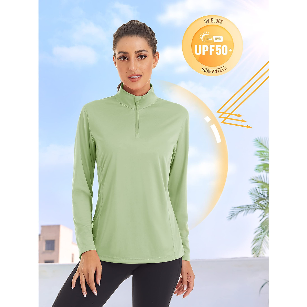 TACVASEN Women's Sun Shirts UV Protection Shirt Long Sleeve Workout Tops for Women Quarter Zip Pullover Light green, XL