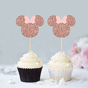 Gyufise 36Pcs Mouse Inspired Cupcake Toppers with Pink Bow Rose Gold Glitter Mini Mouse Cupcake Picks Decorations for Baby Shower Wedding Kids Birthday Party Supplies