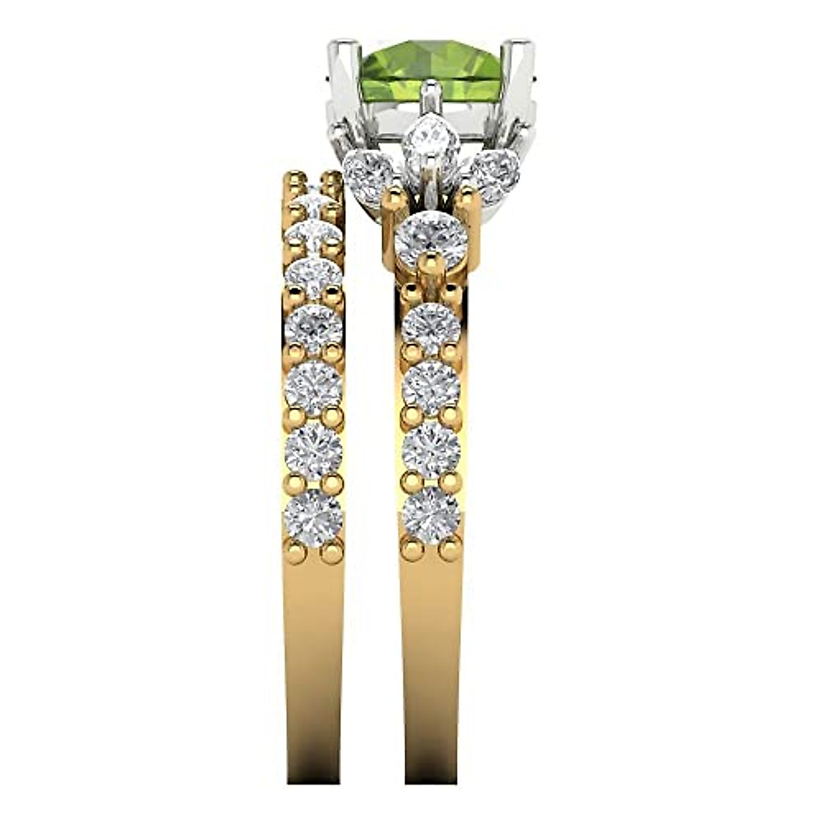 Clara Pucci 2.82 ct Round cut Solitaire 3 stone Natural Peridot Designer Art Deco Statement Wedding Ring Band Set 18K 2 tone Gold 10.5