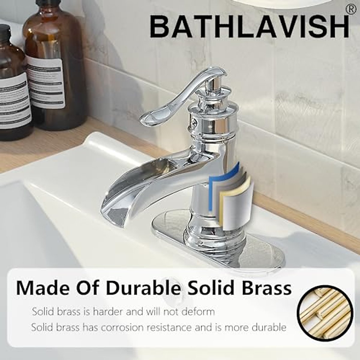 BATHLAVISH Bathroom Sink Faucet Chrome, Waterfall Bathroom Faucet, Single Hole Bathroom Faucet, Farmhouse Single Handle Vanity RV Lavatory with Pop Up Drain with Overflow