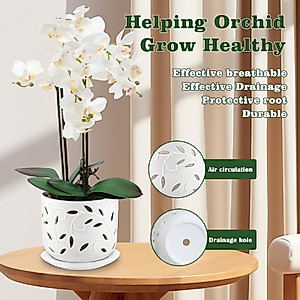 BUYMAX Set of 2 Orchid Pots with Holes & Saucers for Orchid Root Health, 5 inch&6 inch Ceramic Pots for Plants, Effective Drainage and Ventilation to Assist New Plants or Repotting