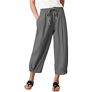 Bozanly Summer Capri Pants Elastic Waist Cotton Linen Yoga Cropped Pants Trousers for Women with Drawstring(0520-01Gray-XL)