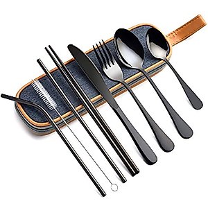 EvaCrocK Travel Utensils with case | 9-Piece Reusable Utensils, Stainless Steel Portable Silverware Travel Cutlery set, Camping Flatware Utensil sets for Lunch [9 Piece Black]