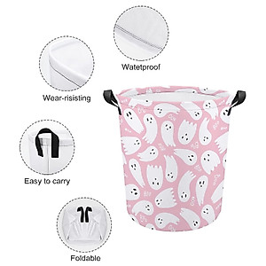 HoaMoya Collapsible Pink Cute Ghost Laundry Basket Freestanding Laundry Hamper With Handles Large Waterproof Cloth Toy Storage Bin for Household Bedroom Bathroom