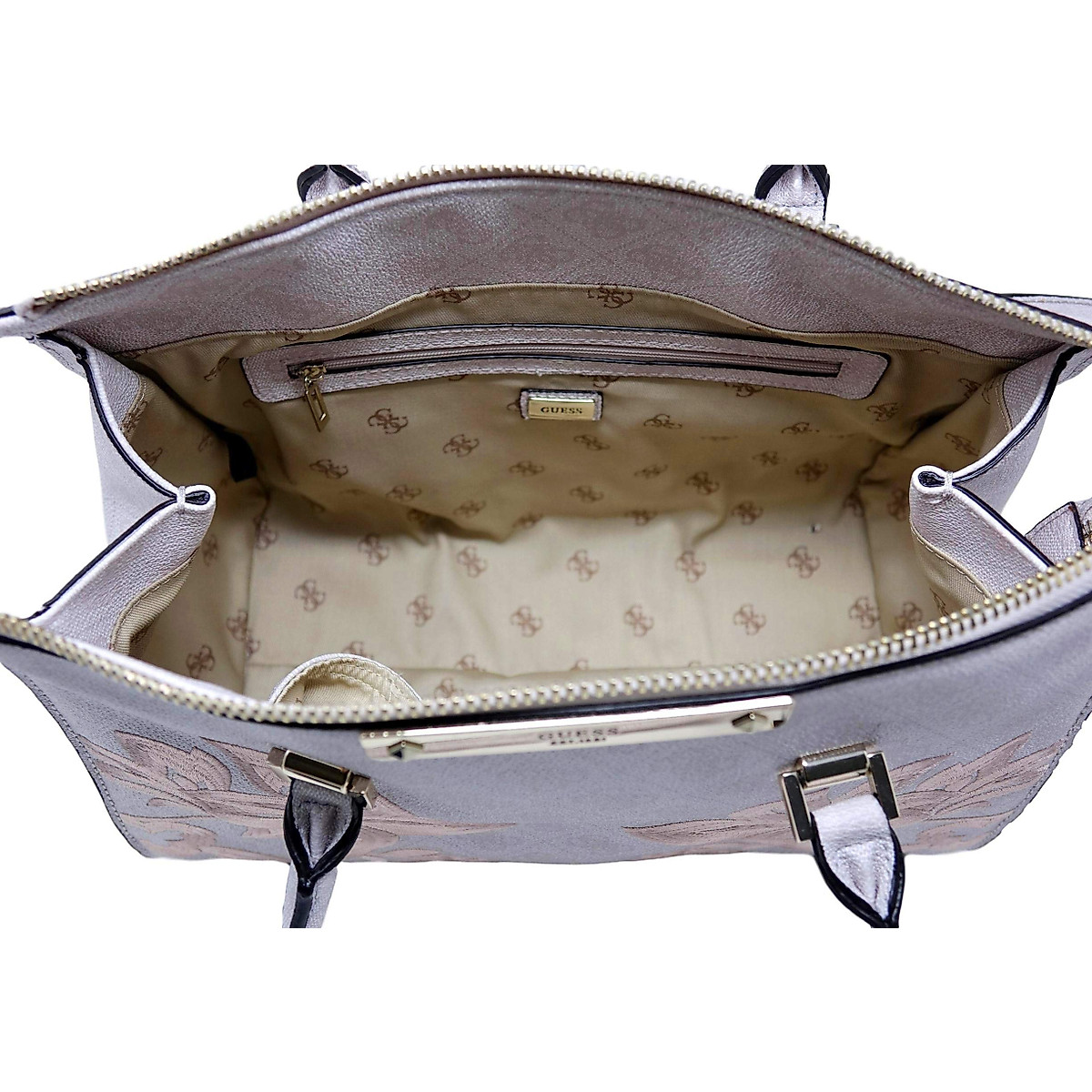 GUESS Women's Britta Logo Floral Embroidery Satchel Crossbody Bag Handbag - Cement