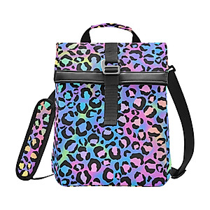 MNSRUU Insulated Lunch Bags Women Men, Rainbow Leopard Portable Reusable Thermal Meal Tote Cooler Bag Organizer, Adjustable Shoulder Strap, Handle