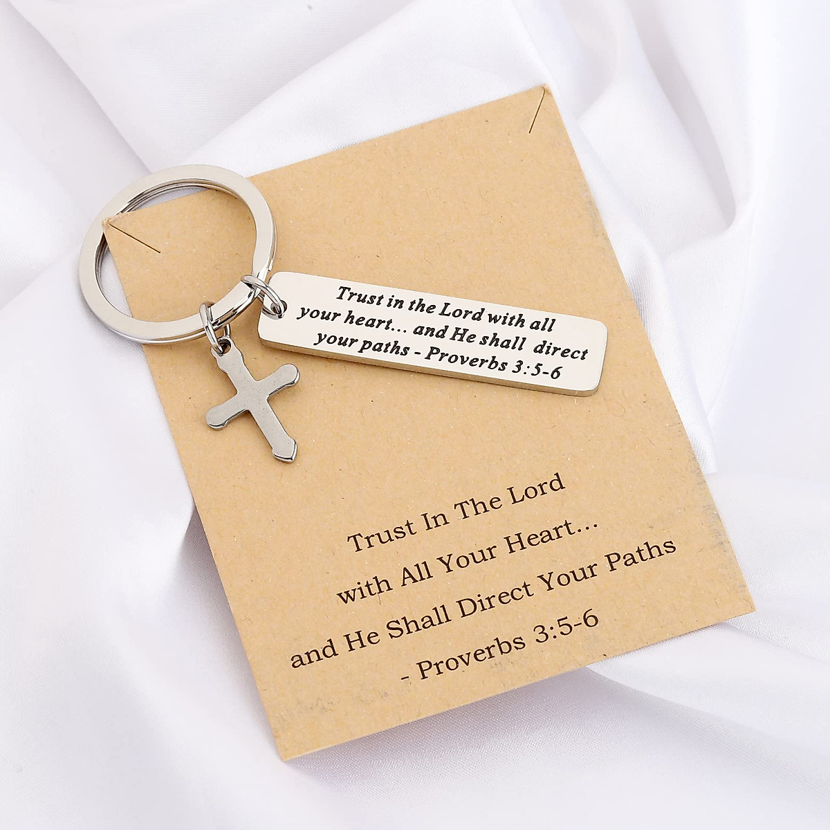 BEKECH Christian Proverbs 3:5-6 Trust in The Lord With All Your Heart Cross Charm Keychain Bible Verse Gift, Trust in the Lord With All Your Heart.. Brown Card, S