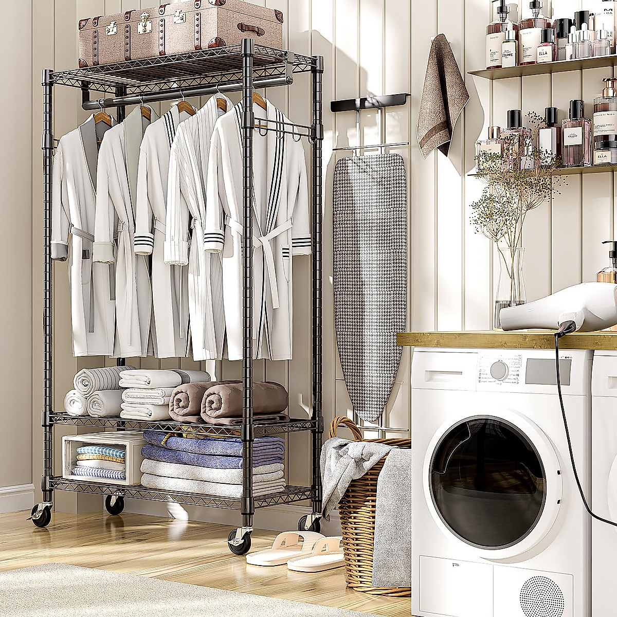 MZG Heavy Duty Rolling Garment Rack 3 Tiers Adjustable Wire Shelving Clothes Rack with Rods and Side Hooks,Storage Closet Clothing Rack with Wheels Black 15.7" D x 29.5" W x 74.5" H