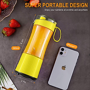 Portable Blender, Personal USB Rechargeable Juice Cup for Smoothie and Protein Shakes Mini Handheld Fruit Mixer 13Oz Bottle for Travel Gym Home Office Sports Outdoors Yellow