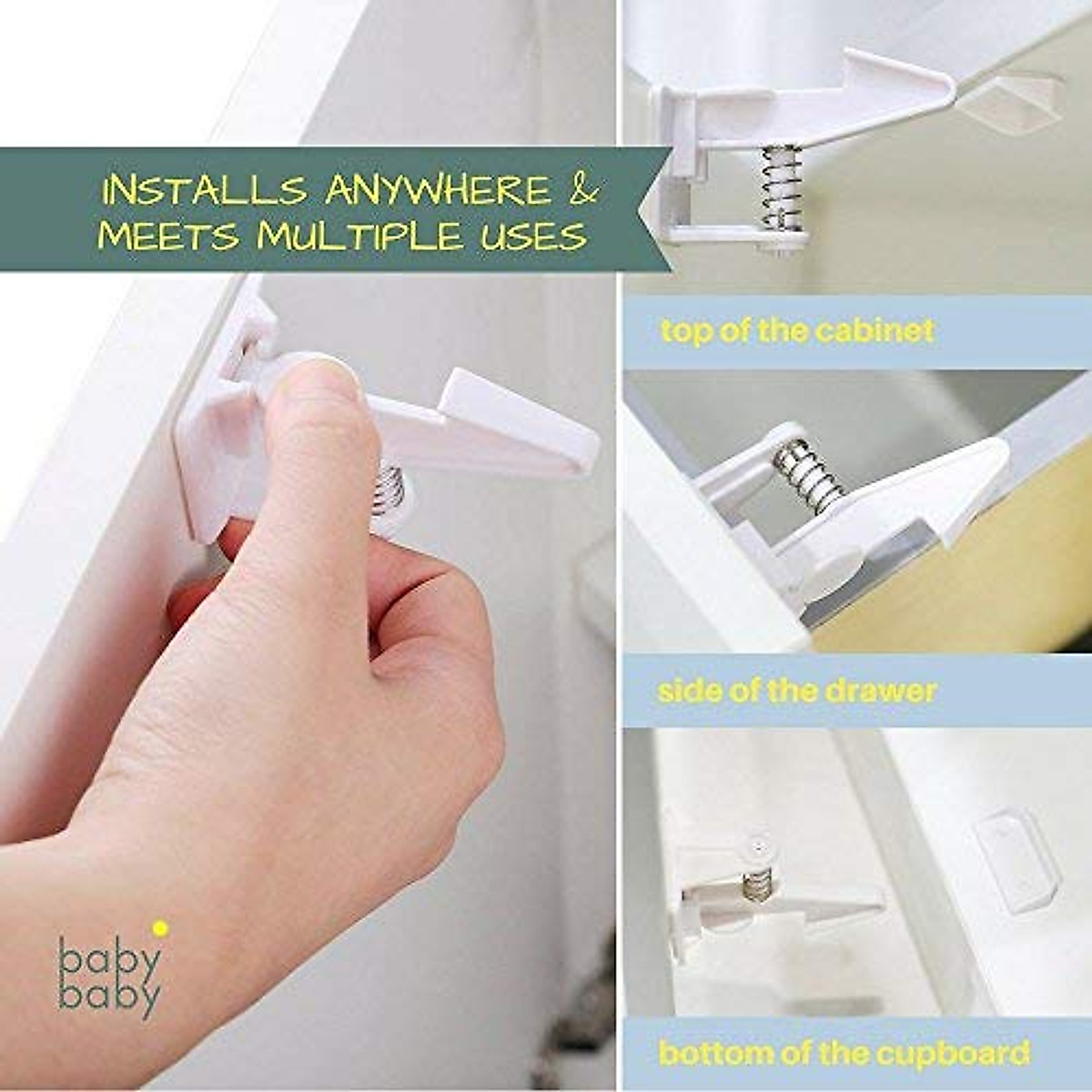 Baby Proofing Cabinet Locks (12 Pack) Includes Drawer Latch + 6 Wall Plug Covers - Adhesive Easy Installation Cabinet Locks For Babies (White)