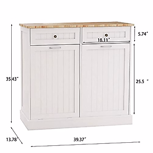 OQSC Double Tilt Out Trash Cabinet with 2 Drawers Wooden Free Standing Laundry Sorter Cabinet Kitchen Recycling Trash Can Bin Holder Cabinet with Storage (White)