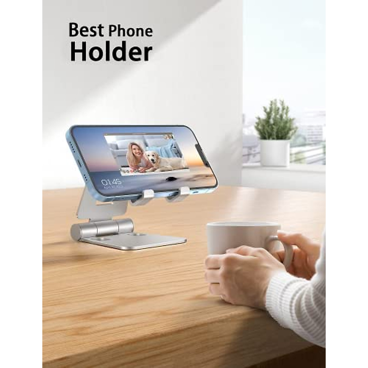xwyebo Dual Folding Cell Phone StandPortable Aluminum Phone Holder,Adjustable Phone Dock Cradle Compatible, Fully Adjustable Foldable Desktop Phone Holder with iPhone 14/13/12/11 Pro Max(Silver)