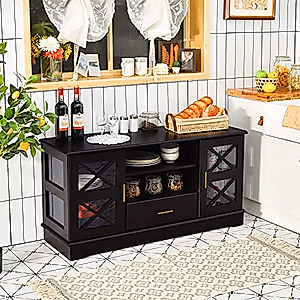 Tangkula Wood TV Stand with 2 Glass Door Cabinets, Media Console with Drawer & 2-Tier Adjustable Shelves, Living Room Entertainment Center for TVs up to 55 Inch, TV Console Table, Dark Brown