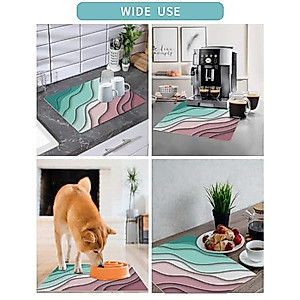 Geometric Wave Line Teal Pink Gradient Coffee Mat Coffee Maker Mat,Super Absorbent Coffee Bar Accessories,Modern Abstract Ocean Beach Non-slip Coffee Station Mat Dish Drying Pad,16x18in