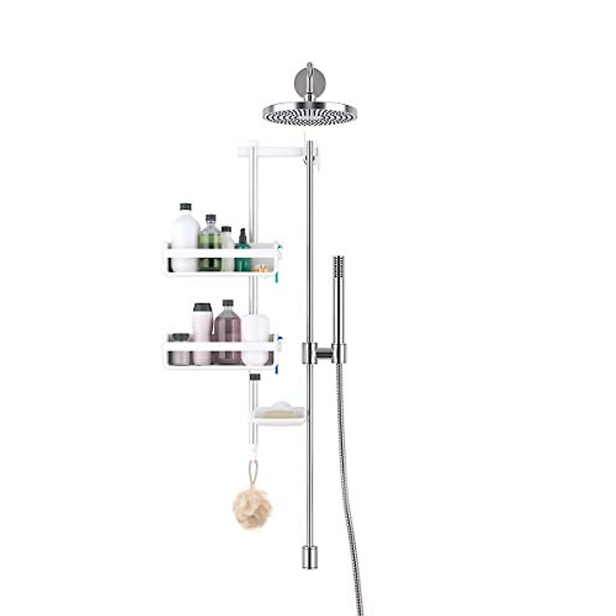 Umbra Flipside Flex Pole Shower Caddy, Adjustable Shower Caddy with Flex Gel-Lock Technology, Works on Rail and Hand-Held Showers, White/Nickel Finish