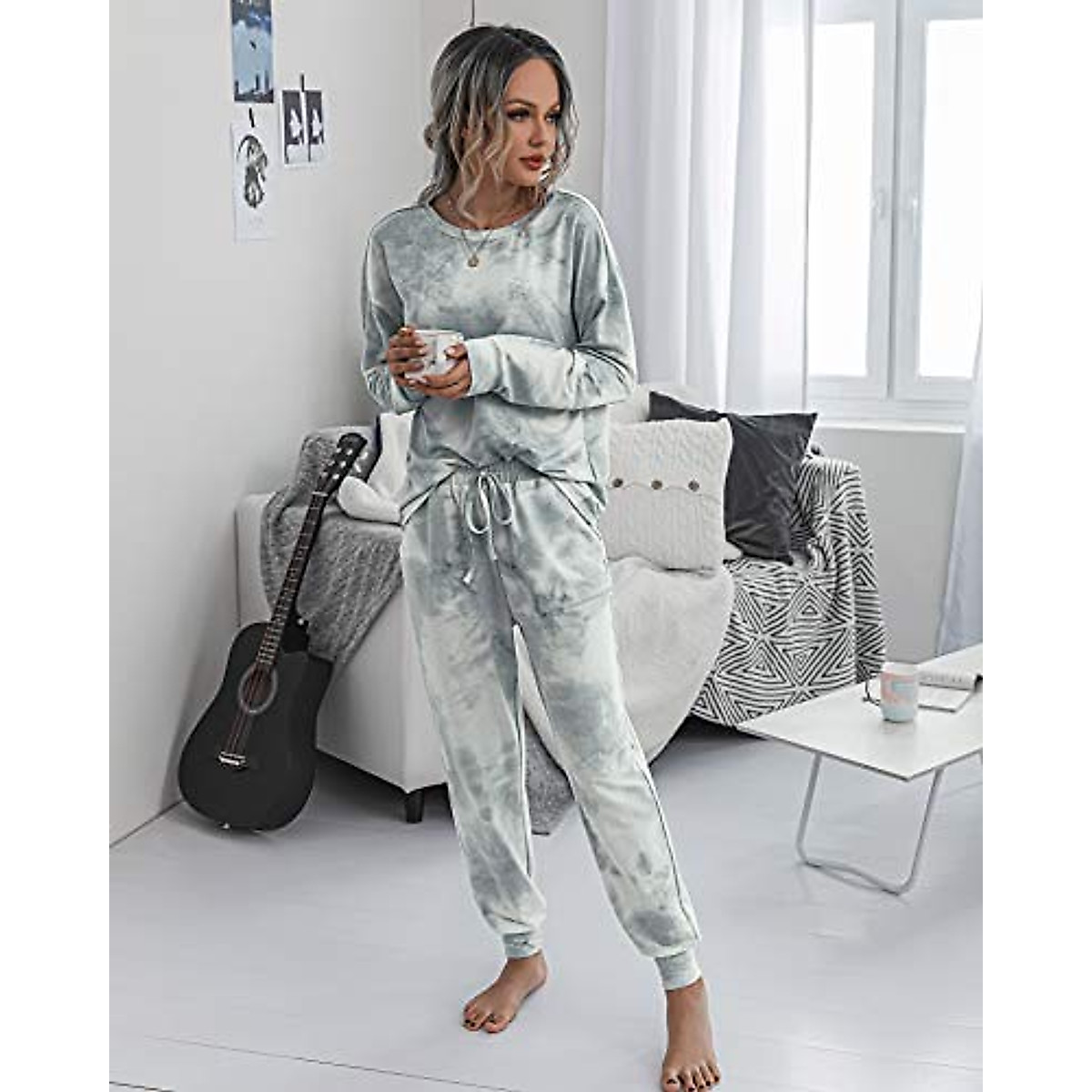 PRETTYGARDEN Women's Tie Dye Two Piece Tracksuit Set Long Sleeve Sweatshirt with Long Pants (Grey,Small)