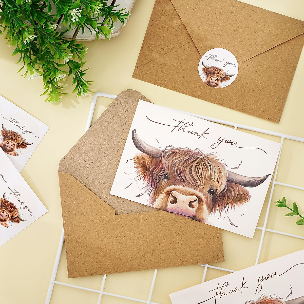 Whaline 36Pcs Highland Cow Thank You Cards with Envelopes and Stickers Barnyard Greeting Cards Blank Note Cards for Weddings Bridal Shower Baby Shower