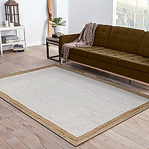 CASAVANI 100% Handmade Natural Jute Rugs Geometric White & Beige Hand Braided Rag Rug Best Uses for Living Room Bedroom Entryway Laundry Room Doorway Door Mate 4x8 6x8 5x5 Feet Square