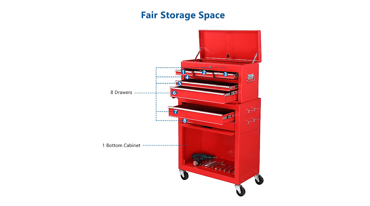 TUFFIOM 8-Drawer Rolling Tool Chest - Detachable & Lockable Storage