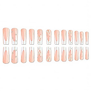 24pcs Long Square Fake Nails French Tip Press on Nails 3D Metal Butterfly Glue on Nails Glossy Rhinestone Acrylic Nails Pink White False Nails Long for Women Manicure Decorations