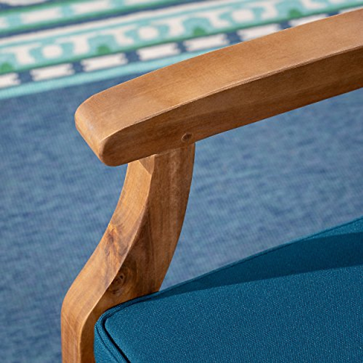 Christopher Knight Home Justin Outdoor 7 Piece Acacia Wood Dining Set, Teak Finish/Rustic Metal/Blue