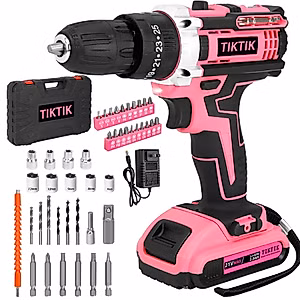 TIKTIK Pink Cordless Drill Set,21V Cordless Power Drill Tool Box with Battery and Charger,Torque 45N,3/8-Inch Keyless Chuck,25+3 Position and Drill Bits,Electric Screwdriver Driver Tool Kit for Women