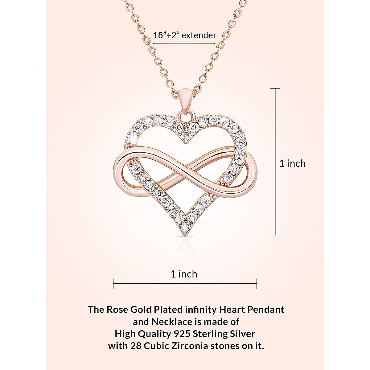 Sash & Soph Infinity Heart Necklace for Women. Rose Gold Plated 925 Sterling Silver Heart Necklace for Girlfriend, Love Heart Pendant on 18" Chain with 2" Extender