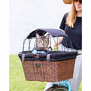 Travelin K9 Pet-Pilot MAX Wicker Bike Basket for Dogs/Cats - Includes Wire Cage Top w/Sun Shade + Plush Removable Padded Liner