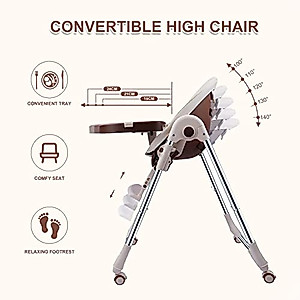 Baby High Chair for Toddlers Kids Feeding Height Convertible with Removable Tray, Multifunctional Portable Children Dining Reclining Chair Foldable with Wheels, Beige